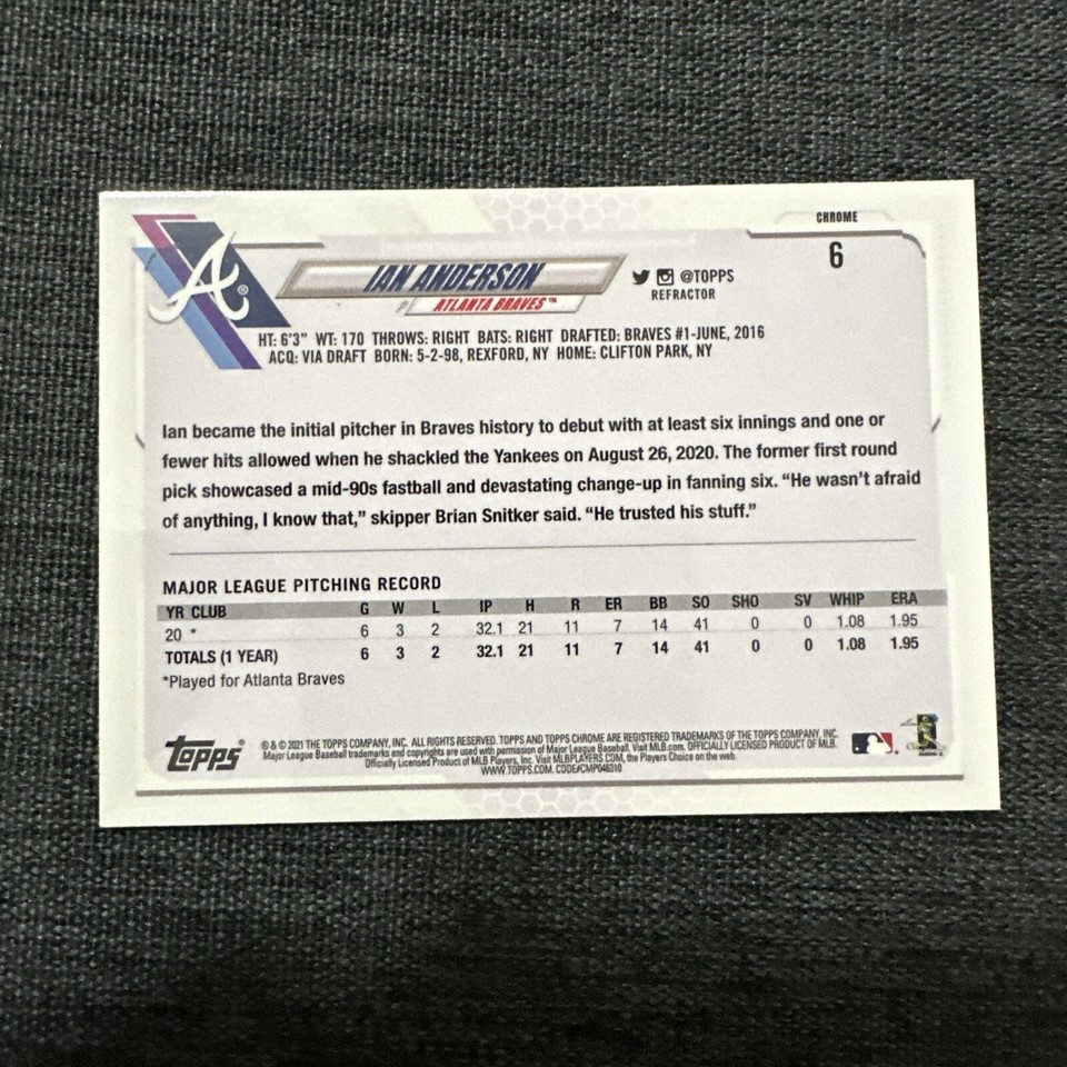 2021 Topps Chrome Refractor Ian Anderson #6 Rookie RC Braves | eBay