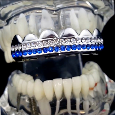 Grillz Two Rows Blue & White Silver Tone Iced Simulated CZ Teeth Top ...