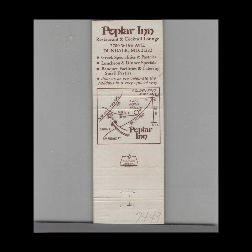 Matchbook Cover Poplar Inn Dundalk MD | eBay
