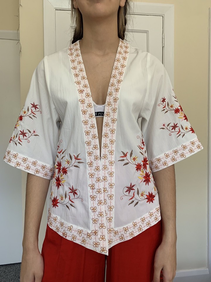 Maia Hemera Embroidered Collarless Kimono Jacket Size Small 8/10 | eBay
