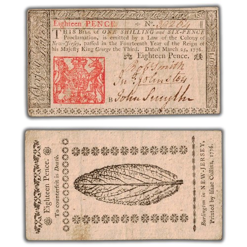 United States New Jersey 1776 18 Eighteen Pence Colonial Note NY #176 ...