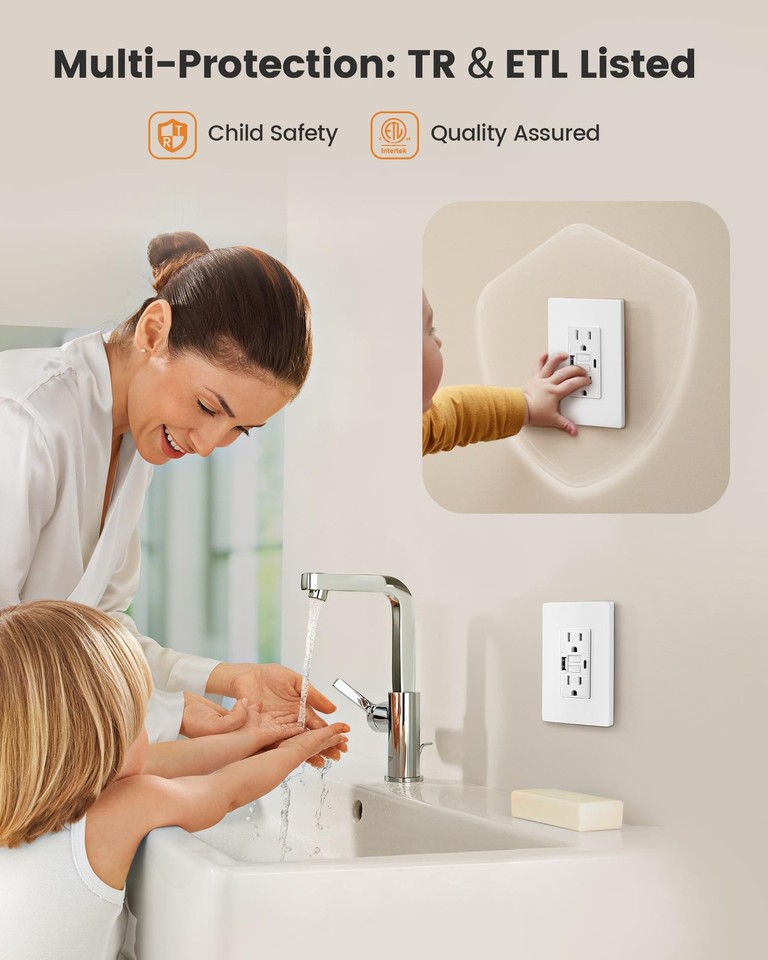 15 Amp GFCI Outlet with USB-C & USB-A Ports, GFCI Combo USB Outlet, 5V ...