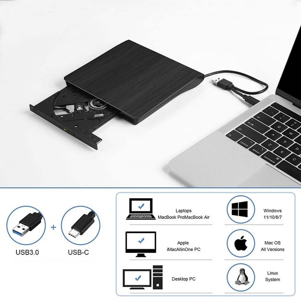 External Drive USB CD RW DVD ROM Writer Burner Reader Player For PC Mac ...