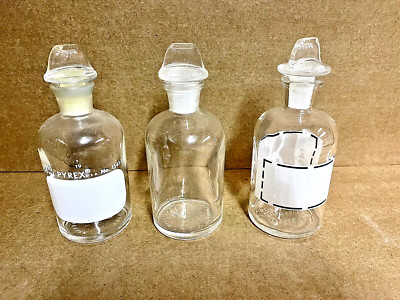 Vintage Apothecary Pyrex Glass Bottles Jars Glass Stoppers lot of 3 | eBay