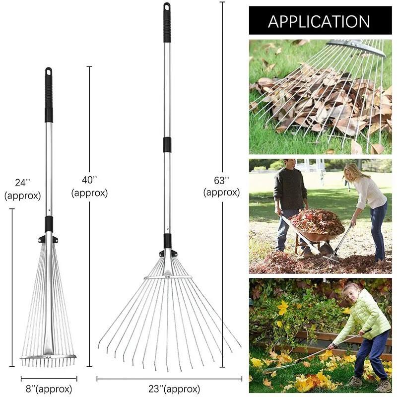 ADJUSTABLE TELESCOPIC METAL GARDEN RAKE LEAF TELESCOPIC HANDLE LAWN ...