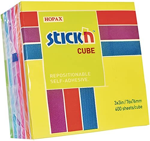 Hopax Stickn Sticky Notes Cube 76x76mm 400 Sheets Neon Colours 21539 ...