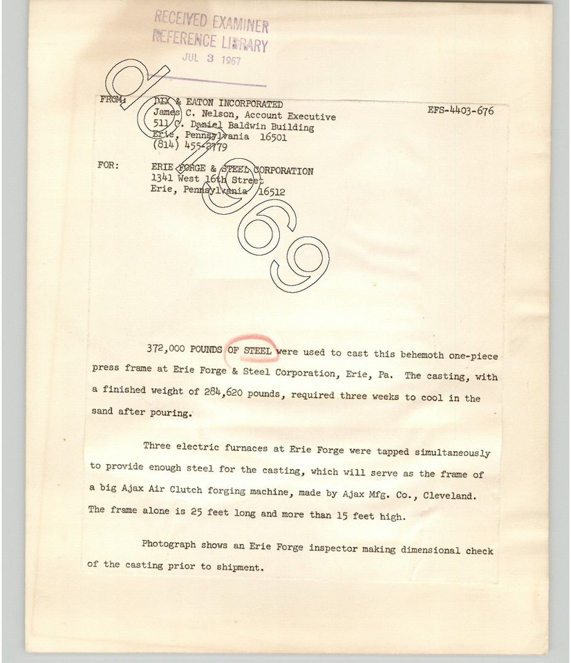 Electric Furnace @ ERIE FORGE & STEEL CORP. 1967 Press Photo US ...