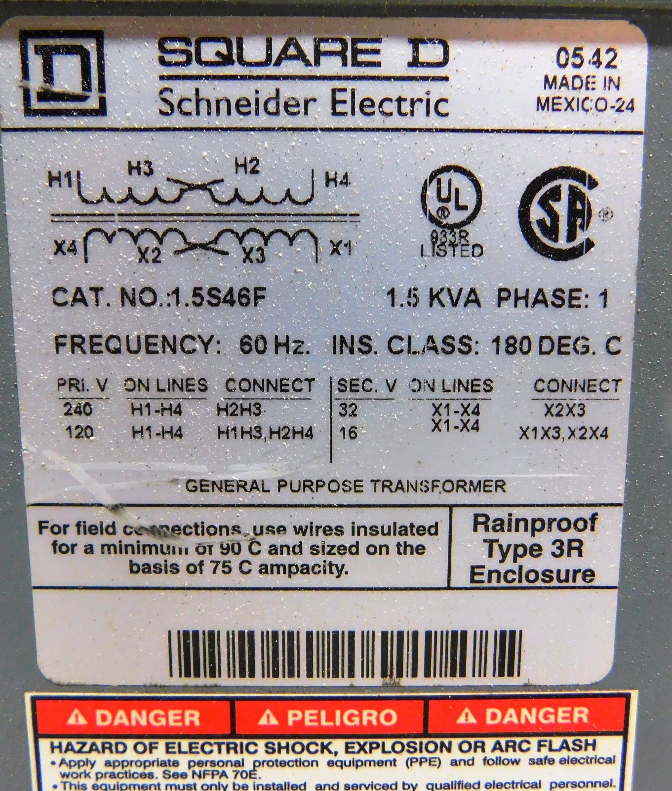 Square D Electrical Transformer # 1.5S46F Type 3R Pr.120/240 Sec16/32 1 ...