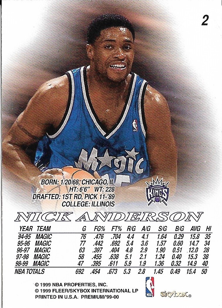 1999-2000 Skybox Premium Nick Anderson 2 Orlando Magic Basketball Card ...