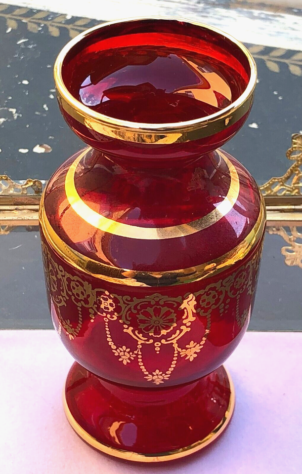 Estate Italy L NASON MURANO VENEZIA Red Hand Blown Glass Vase Gold ...