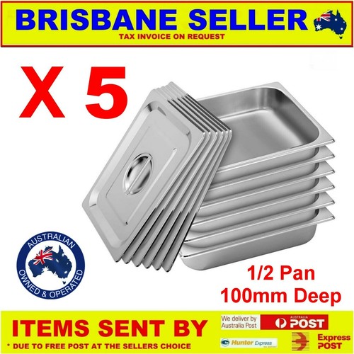 5 x 1/2 GN BAIN MARIE PANS WITH LIDS 100mm DEEP STAINLESS STEEL ...
