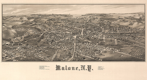 Malone, New York - 1886 - Aerial Bird's Eye View Map Poster | eBay