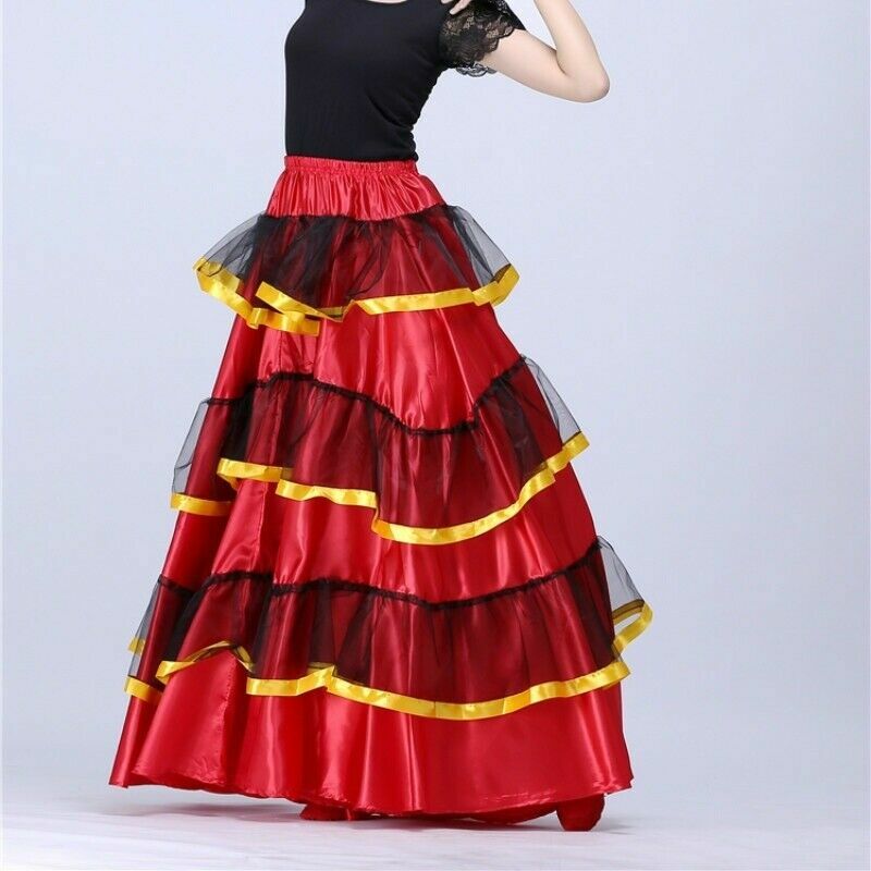 Women Ballroom Layered Ruffle Dance Skirt Swing Spanish Flamenco ...