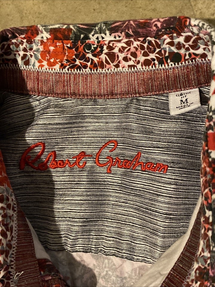 ROBERT GRAHAM BLOOD ROSE COTTON SHIRT RED ROSE 3D EMBROIDERY SZ MEDIUM ...