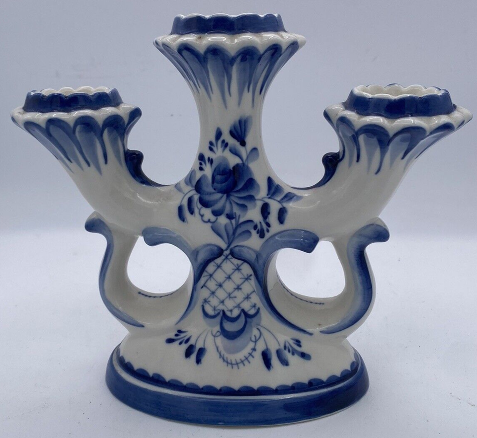 Shekma Gzhel Candelabra 3 Candle Holder Russia Blue & White Porcelain ...
