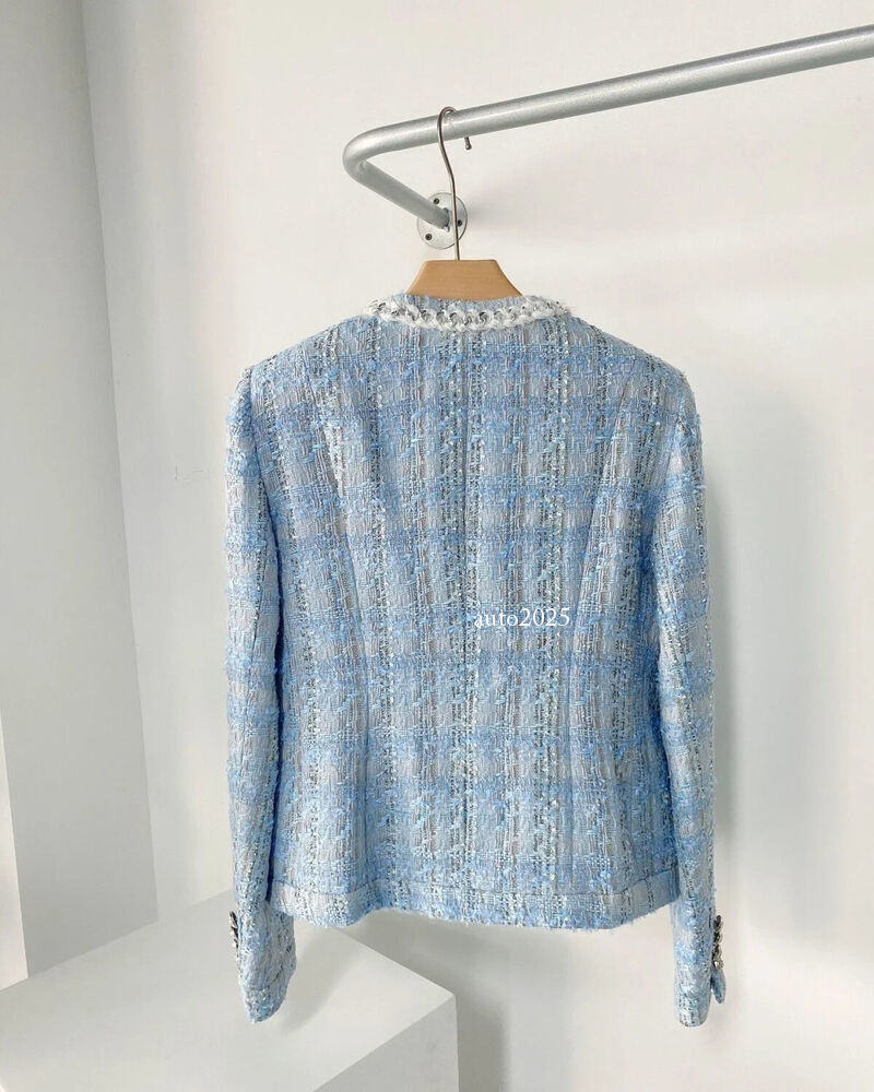 Women's Blue Woven Tweed Short Coat Jacket Office Ladies Top Jackets ...