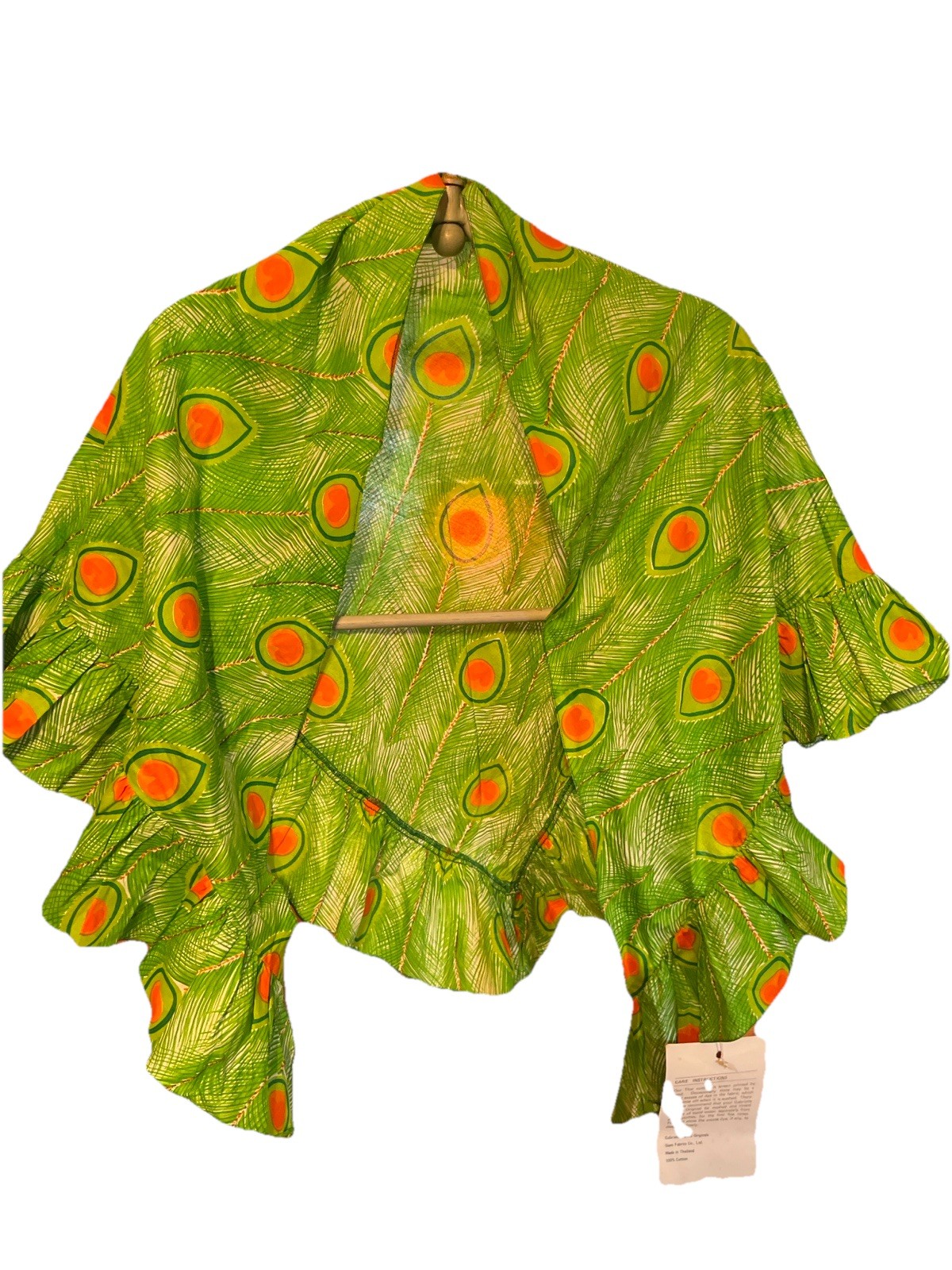 Gabrielle Farrell Thai Cotton Shawl Green Peacock Print Ruffle Wrap NWT ...