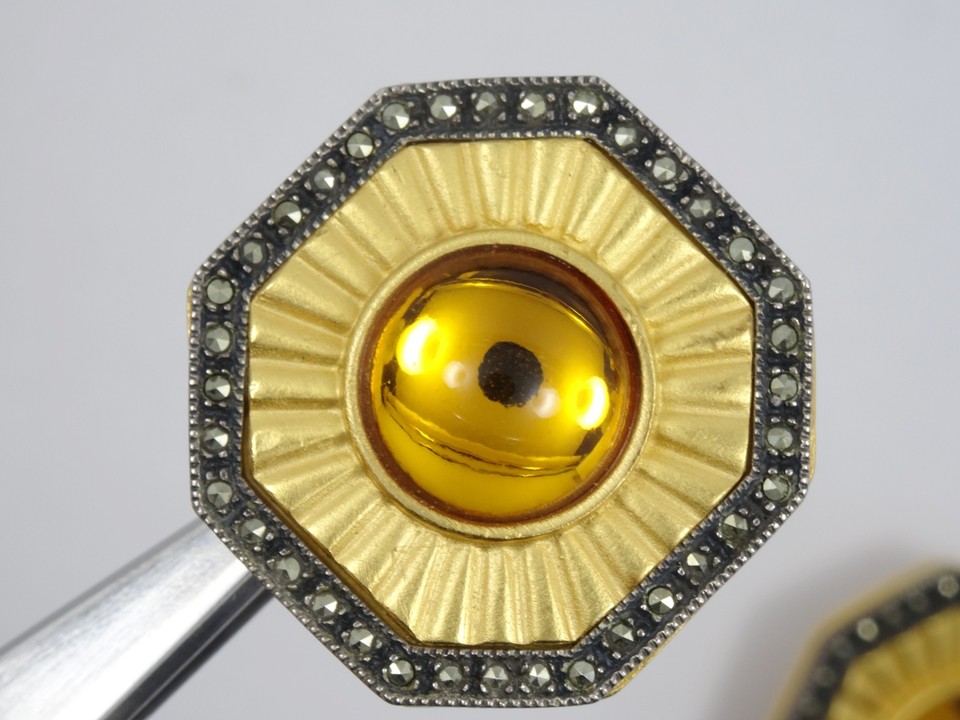 VINTAGE JUDITH JACK SATIN GOLD TONE JEWELED MARCASITE EARRINGS & BROOCH ...