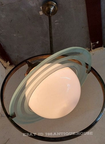 ANTIQUE VINTAGE SATURN ART DECO FIXTURE CEILING BRASS HANGING LIGHT ...
