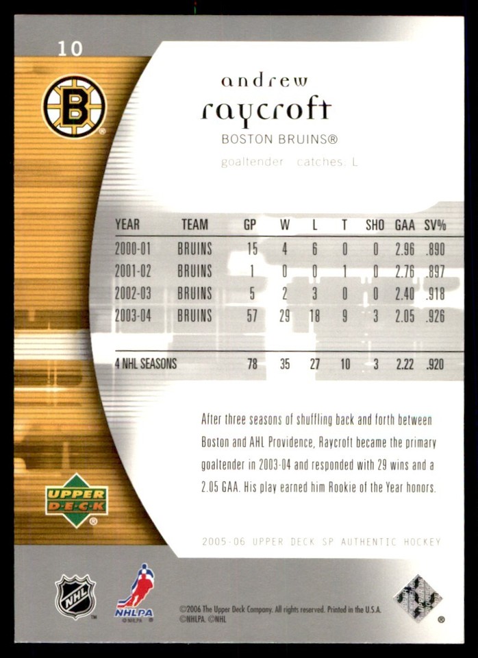 2005-06 SP Authentic Andrew Raycroft Boston Bruins #10 | eBay