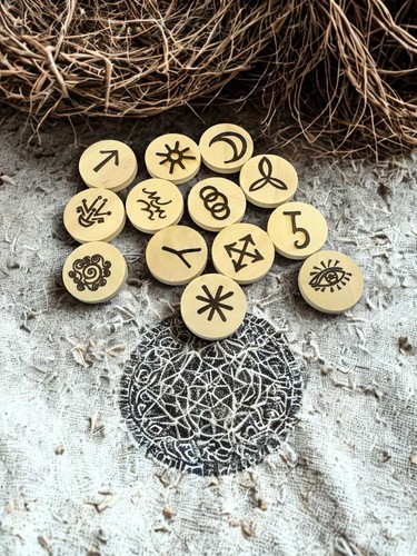 Wooden Witch Rune Stones Set for Divination Wicca Pagan with golden ...
