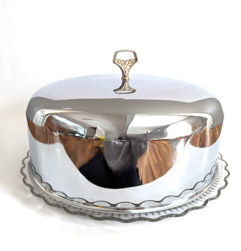 Vintage Kromex Chrome Brass Handle Stainless Cake Cover With Etched ...