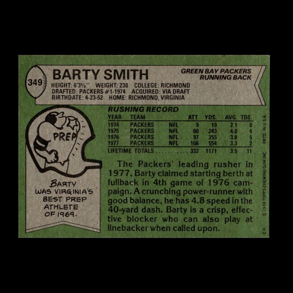 Barty Smith 1978 Topps Green Bay Packers #349 R309B 3 | eBay