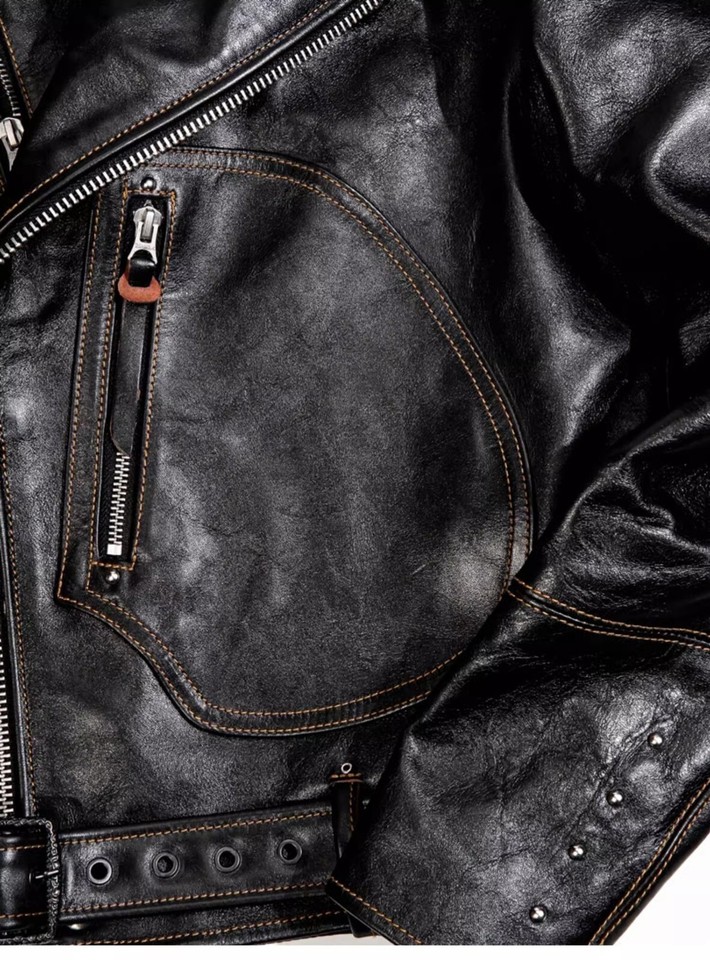 Men's Padova Horsehide Tea Core Leather D Pocket Studded Biker ...