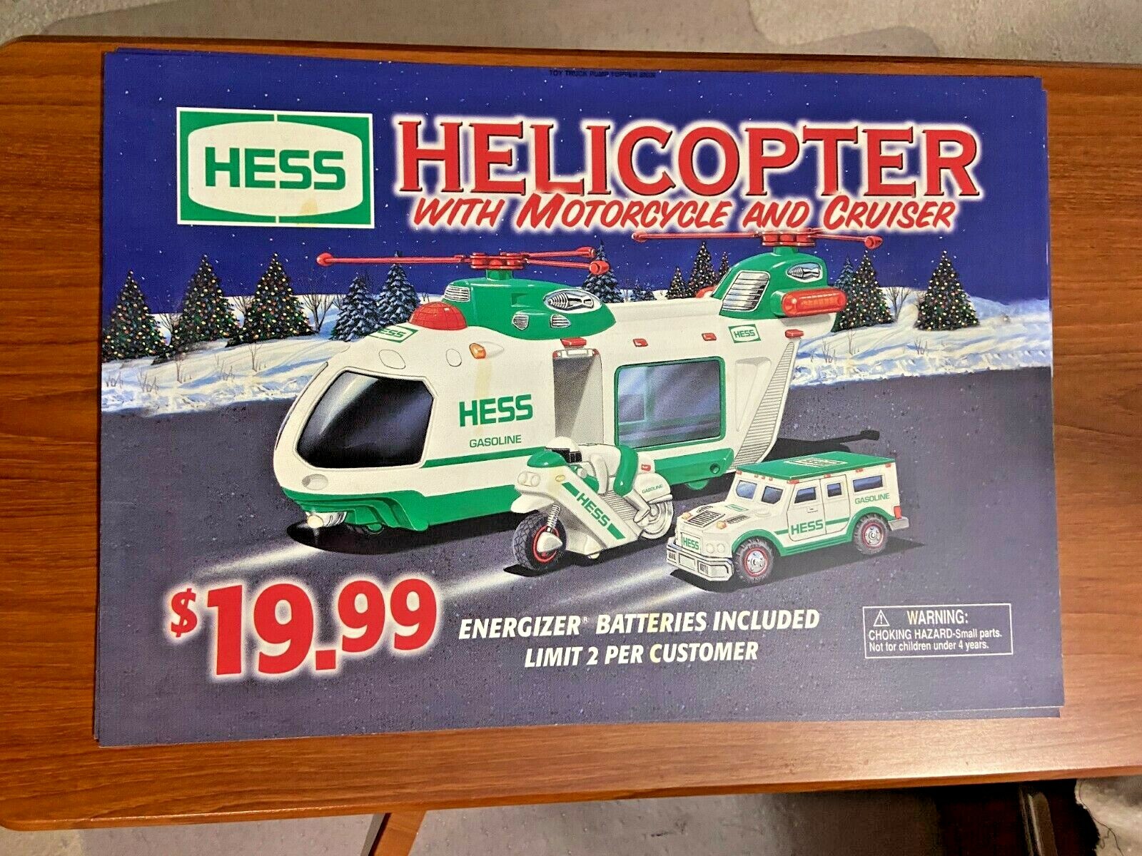 2001 Hess Helicopter with Motorcycle Toy Truck Advertising Sign19.5" X ...