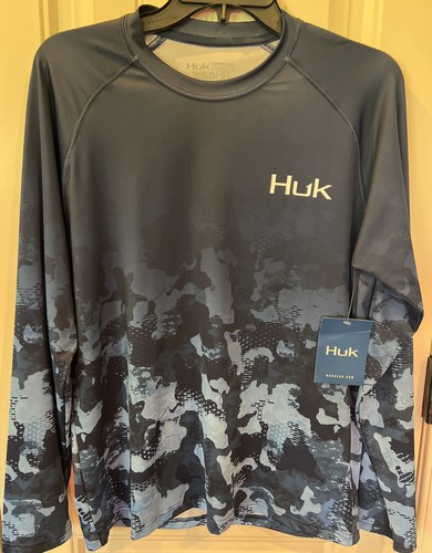 HUK Refraction Blue Camo Fish Fade Performance Fishing Shirt Adult Size ...