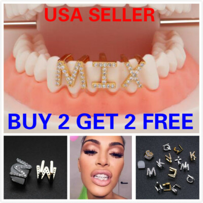 26 Alphabet Initial Letters 14 Gold plated CZ Iced Teeth Grillz Grills ...