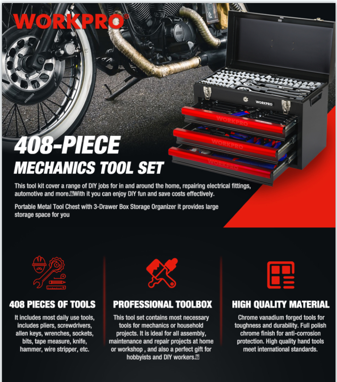 WORKPRO 408 Piece/450 Piece Mechanics Tool Set Metal Heavy Duty Case ...
