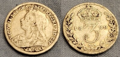 SOLID SILVER Old Three pence 1899 Vintage Coin Antique Netflix TV Show ...