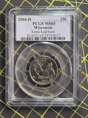 2004-D Wisconsin State Quarter 25c PCGS MS65, Extra Leaf Low Variety ...