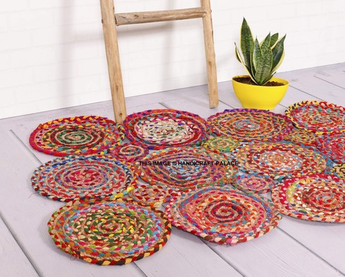 Hand Made Bohemian Braided Cotton Area Rug in Multi Color Chindi Round ...