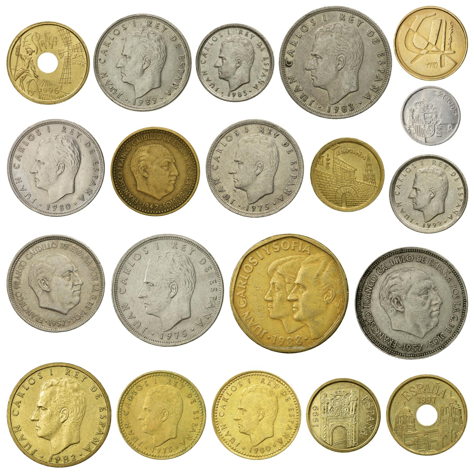 20 Spain Coins | Spanish Currency Collection | 1 - 500 Pesetas | 1946 ...