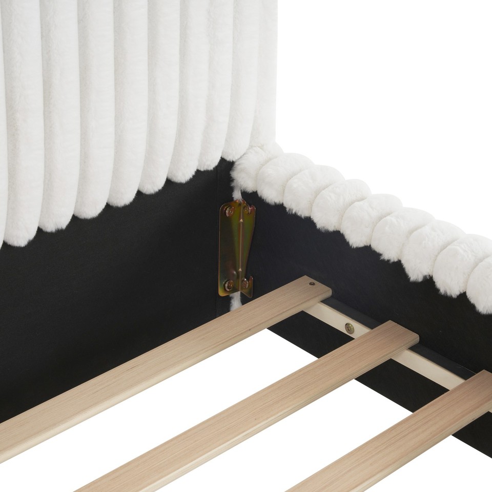 Sleek White Plush Upholstered Bed with Wavy Headboard & Vertical ...