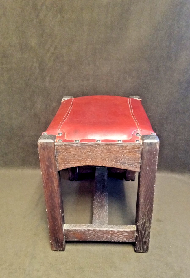 Antique Arts & Crafts Mission Oak Footstool Red Leather Upholstery Dark ...