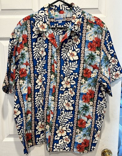 Vintage RJC USA Men's Short Sleeve Blue Red Hibiscus Floral Hawaiian ...