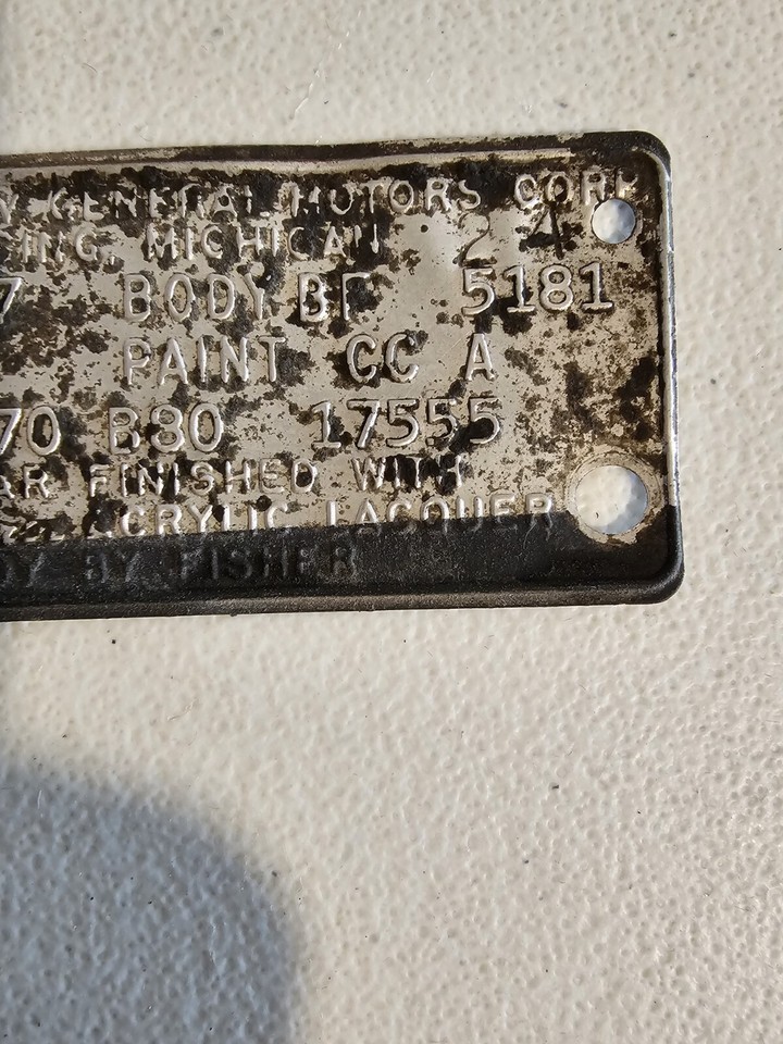 1965 Cutlass Supreme 2 Door Hard Top Cowl Data Tag Body Firewall White ...