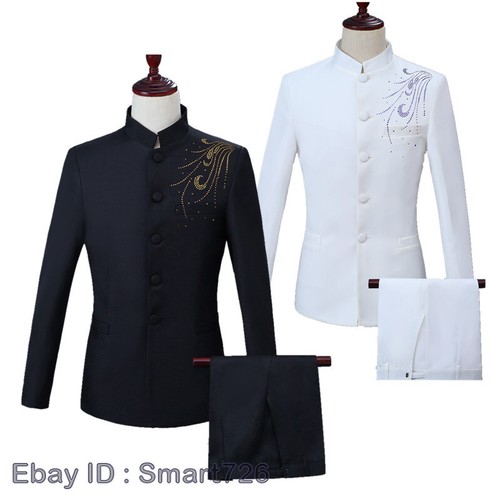 Chinese Tunic Suit Mens 2Pcs Sets Crystals Slim Blazer Jacket Trousers ...