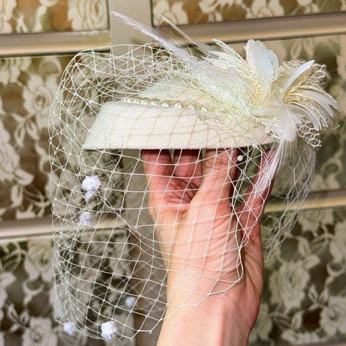 New Vintage Ivory Wedding Pillbox Pearl Bridal Birdcage Hat Netted Veil ...