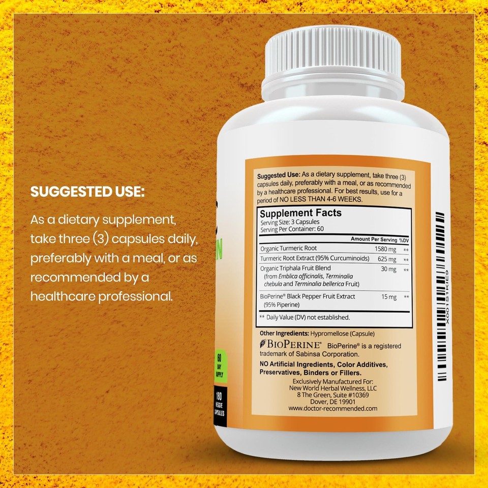 Turmeric Curcumin 2250mg/day — Bioperine Veggie Caps — 100% Organic ...