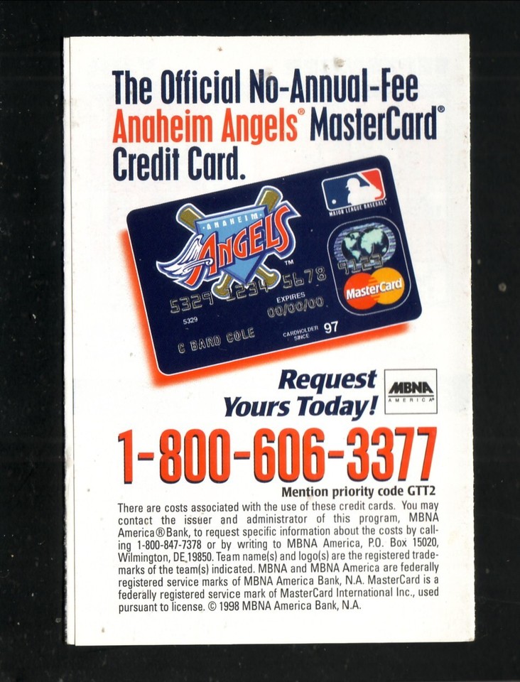 Anaheim Angels Edison Field 1998 Pocket Schedule Angels MasterCard | eBay