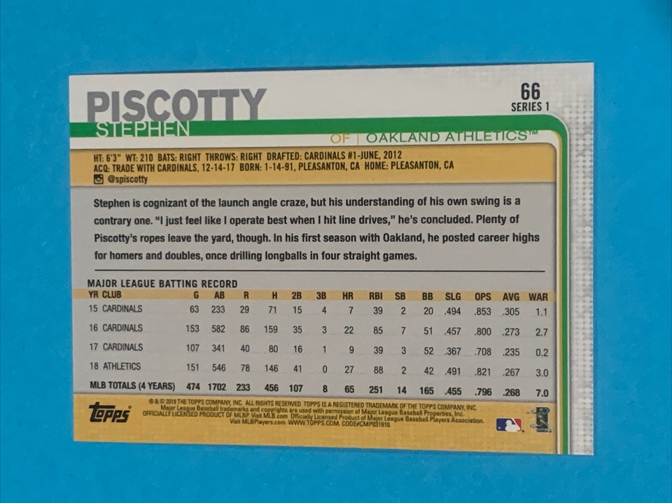 2019 Topps Series 1 Stephen Piscotty Rainbow Foil #66 Oakland Athletics ...