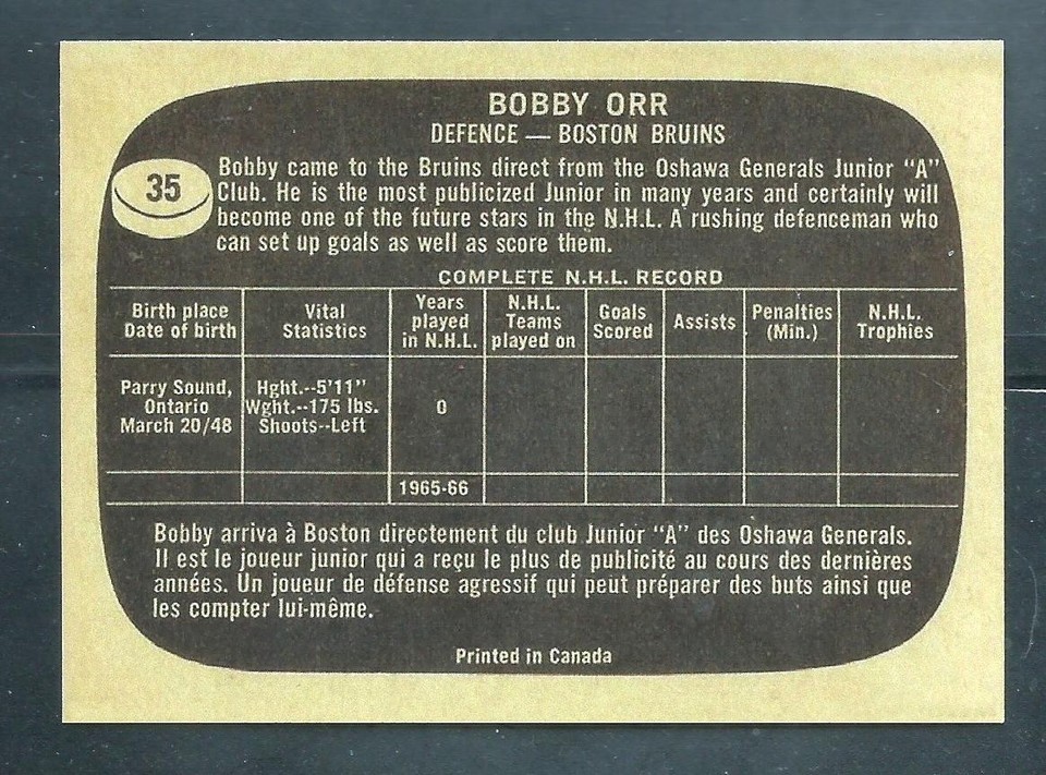 BOBBY ORR Rookie Card Reprint, 1966-67 OPC Hockey Card #35, MINT Beauty ...