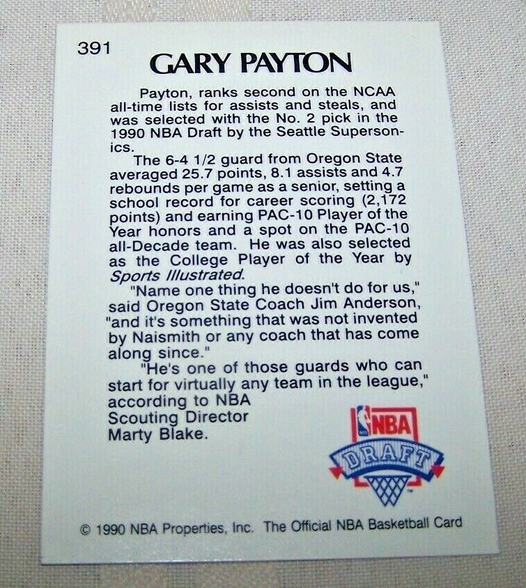 Gary Payton Rookie Card NBA Hoops 1990 Lottery Pick Supersonics RC #391 ...