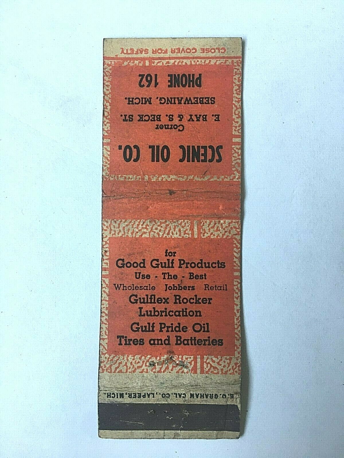 Gulf Oil Gas Matchbook Cover Scenic Oil Co Sebewaing MI | eBay