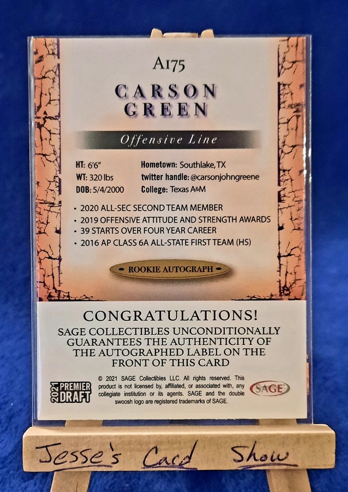 Carson Green Rookie Auto Sage Premier Draft 2021 Titans | eBay