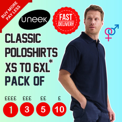 Men's Classic Polo shirts, Uneek UC101 Unisex Polo shirt Lot of 1, 3, 5 ...